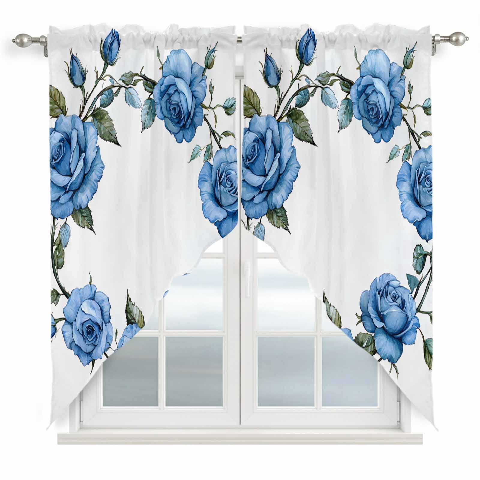 Blue Roses Swag Curtain Valance for Window 2 Panels Spring Floral ...
