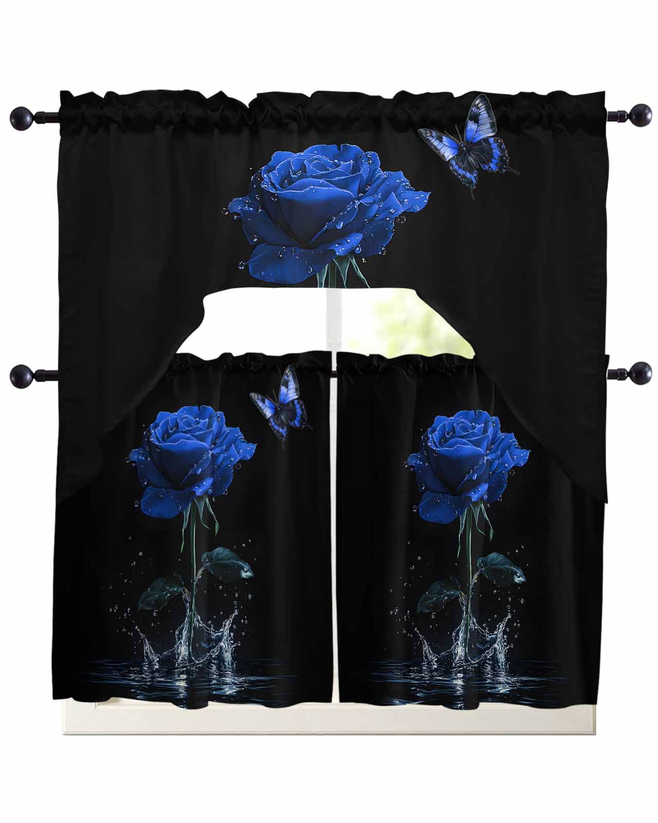 Blue Roses Swag Kitchen Curtains Sets for Windows 24 Inch Length ...