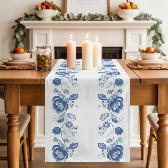 Blue Roses Table Runner 13x108 Inch Botanical Floral Leaf Vintage ...
