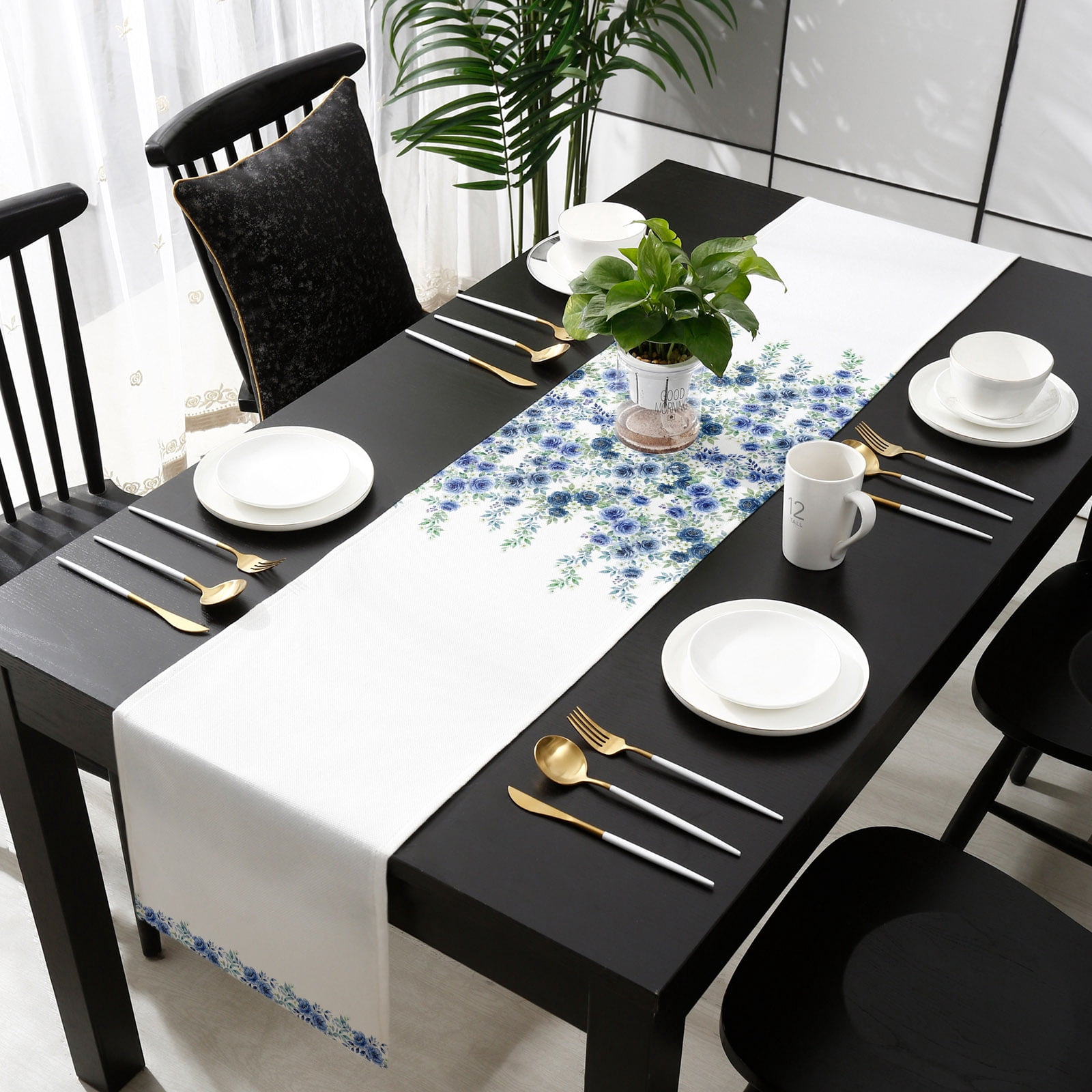 Blue Roses Table Runner 70 Inches Long - Spring Floral Elegant Pastoral ...