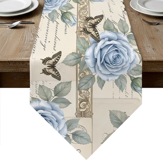 Blue Roses Table Runner Linen Burlap Table Runner 90 Inches Long Spring ...