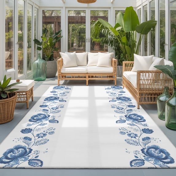 Blue Roses Washable Area Rugs 2.7'x5', Botanical Floral Leaf Vintage ...
