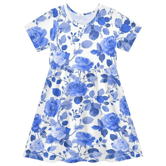 Blue Roses and Floral Short Sleeve Dress A-Line Cute Midi Casual ...