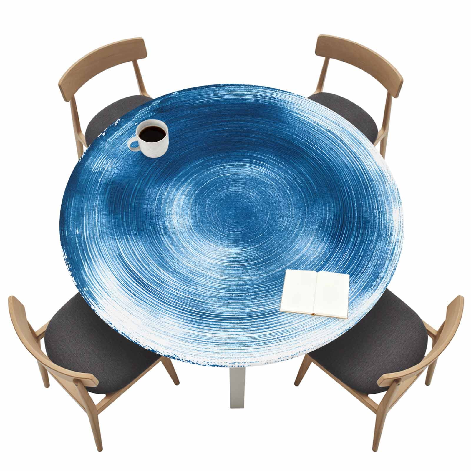 Blue Round Fitted Tablecloth with Elastic Edge Abstract Table Cover Fit ...