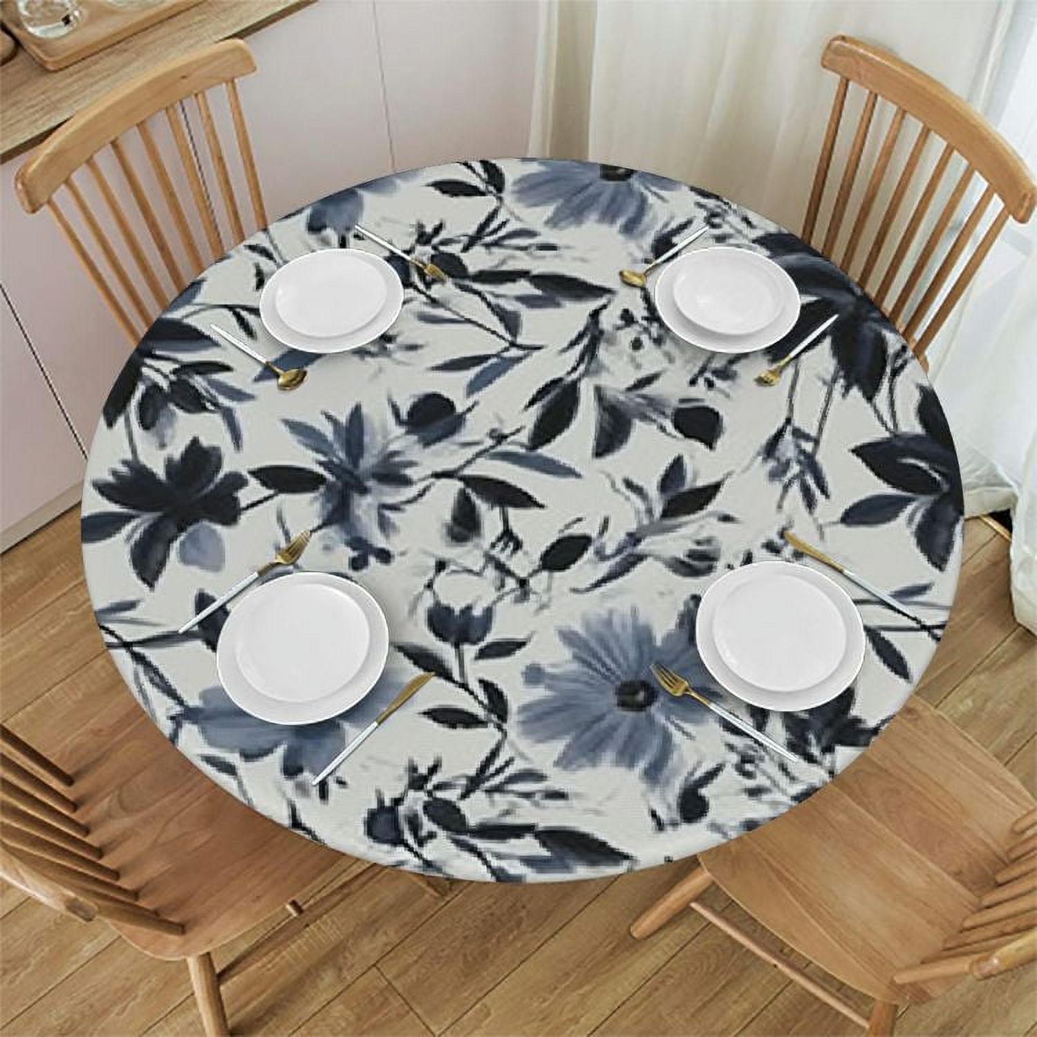 Blue Round Fitted Tablecloth with Elastic Edged Leaf Mango Turquoise ...