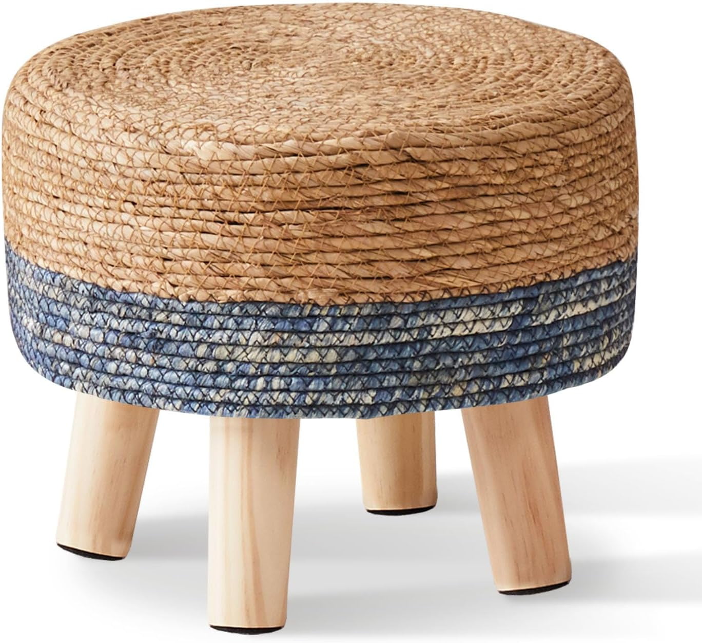 Blue Round Foot Stool with Solid Wood Legs Hand Weave Seagrass Poufs ...