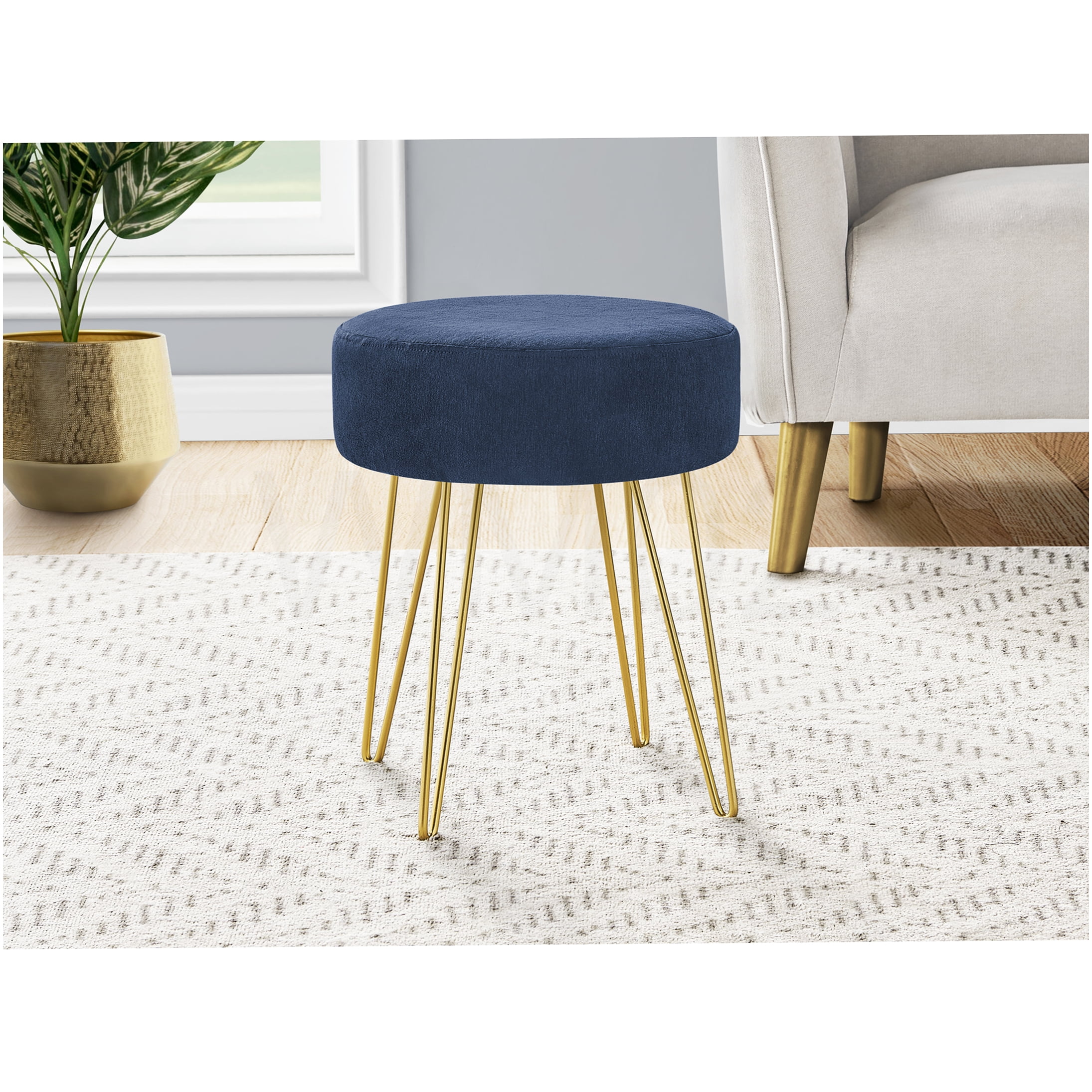 Blue Round Ottoman Pouf with Gold Hairpin Legs, Modern Footrest Stool ...