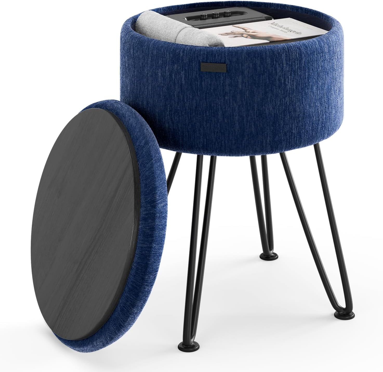 Blue Round Ottoman with Storage, Textured Velvet Modern Ottomans for ...