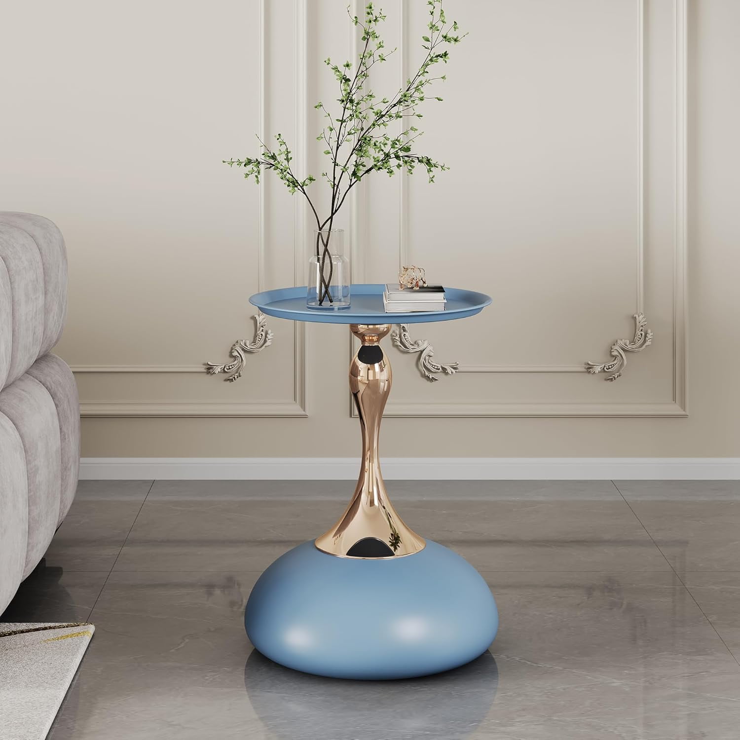 Blue Round Side Table for Small Spaces, Small End Table with Metal ...