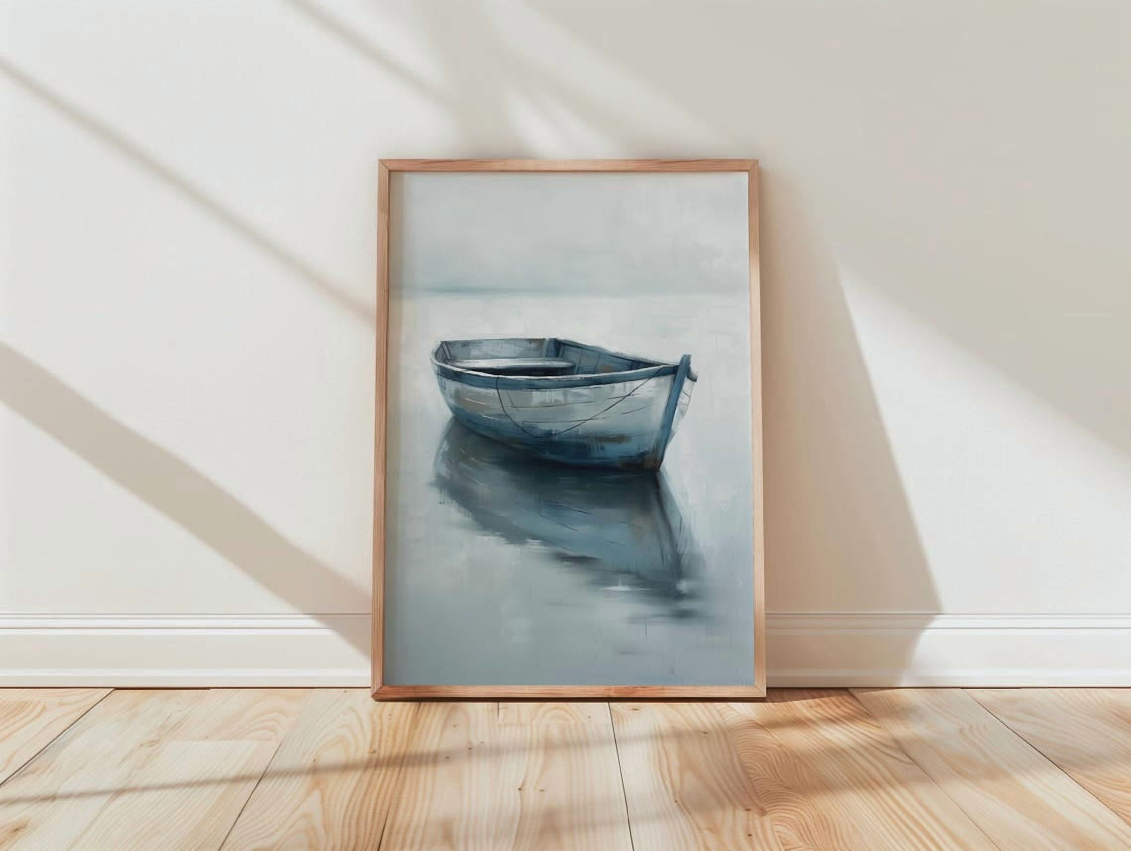 Blue Rowboat Wall Art, Minimalist Boat Painting Print, Serene Coastal ...