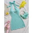 Blue Ruched Halter Mini Dress With Keyhole Neck And Tie Back, Bohemian ...