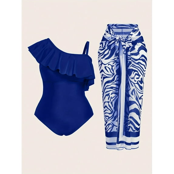 Blue Ruffle One-Shoulder Swimsuit With Zebra Print Sarong - Walmart.com