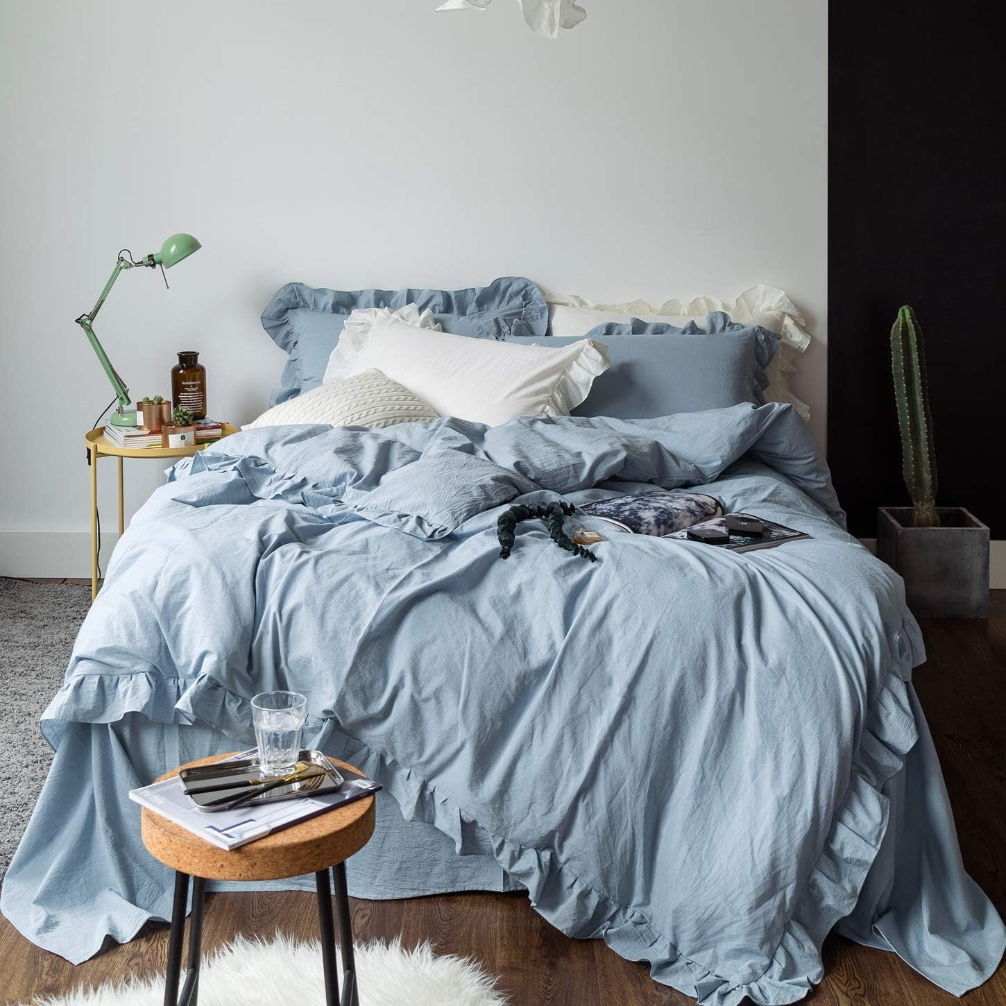 Blue Ruffled Duvet Cover King 100% Washed Cotton 3 Pieces Set 1 Vintage ...