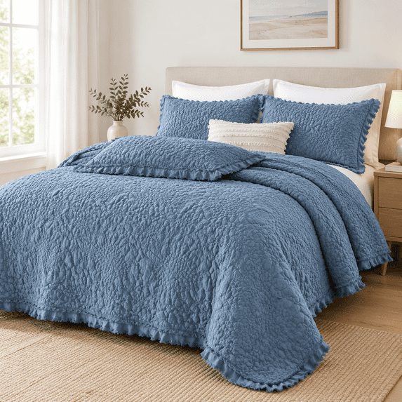 Blue Ruffled Quilt King Size Stone-washedfiber Lightweight Crinkled ...