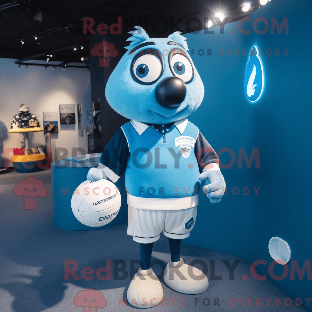 Blue Rugby Ball REDBROKOLY mascot costume character dressed with a Mini ...