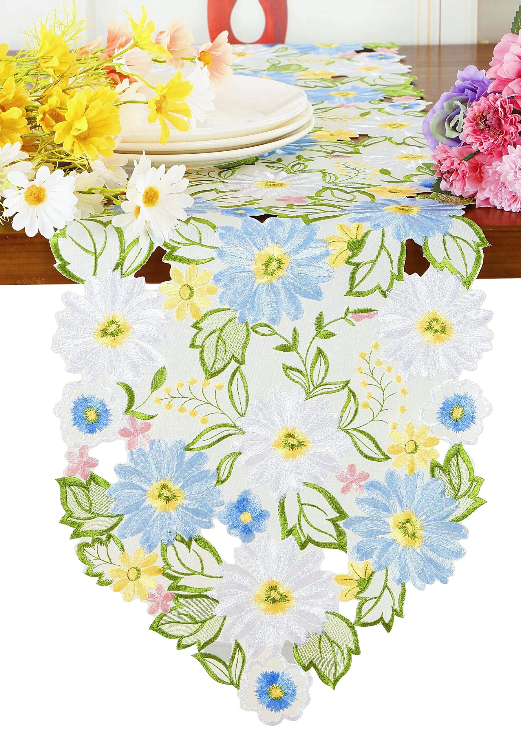 Blue Runner 13"×35" Embroidered Floral Linen Table Runner Home Dining ...