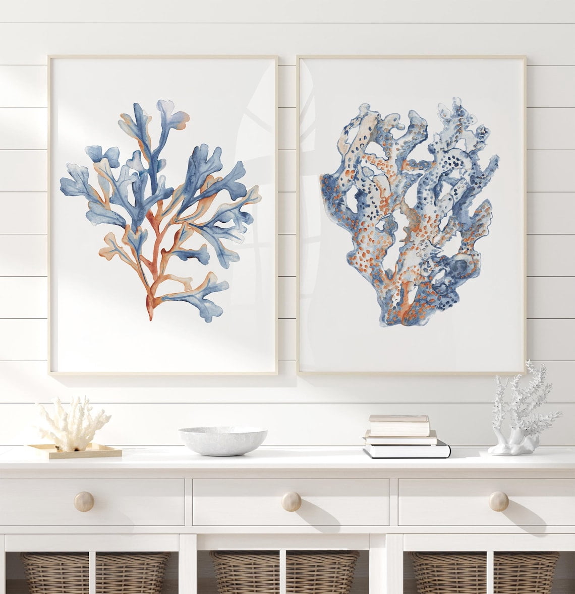Blue Rust Orange Coastal Coral Ocean Botanicals Beach House Modern ...