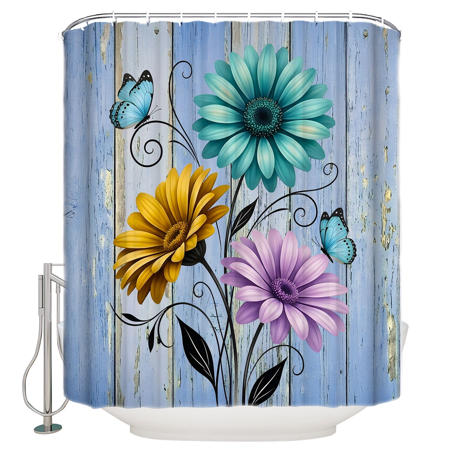 Blue Rustic Farmhouse Bathroom Shower Curtains with 12 Hooks Waterproof ...