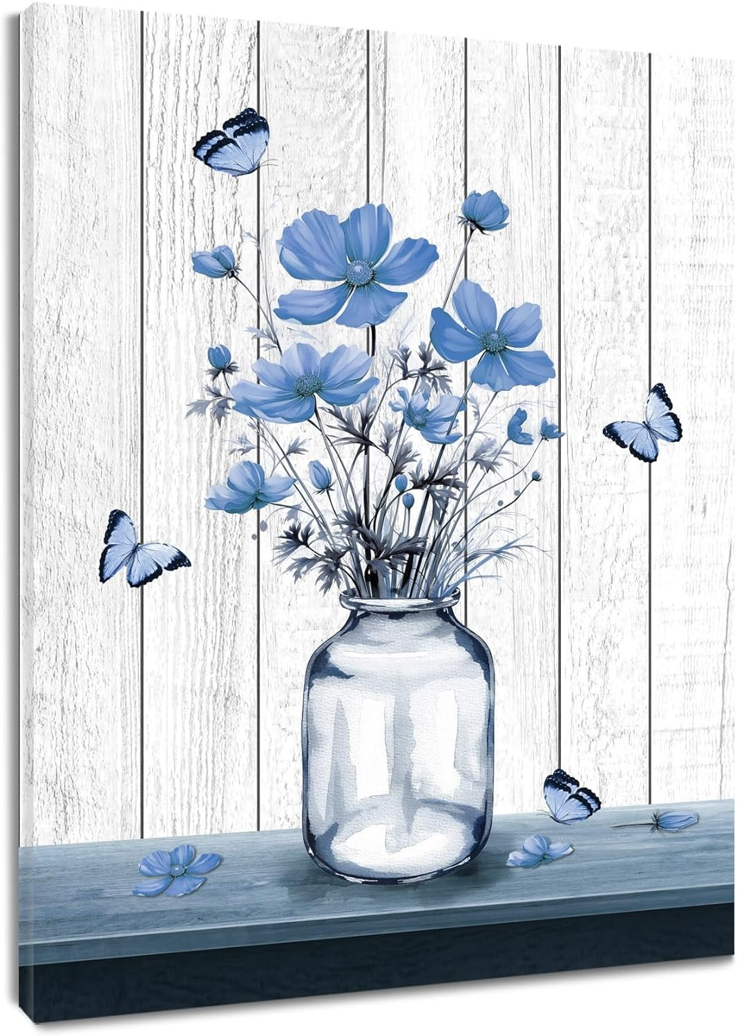 Blue Rustic Floral Wall Art Aesthetic Flower with Butterfly Canvas Wall ...