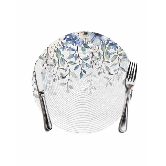 Blue Rustic Flowers Round Table Placemats 1 pc, Retro Eucalyptus Leaves ...
