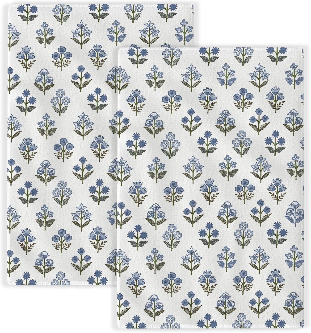 Blue Sage Green Block Print Spring Floral Kitchen Towels Vintage Flower ...