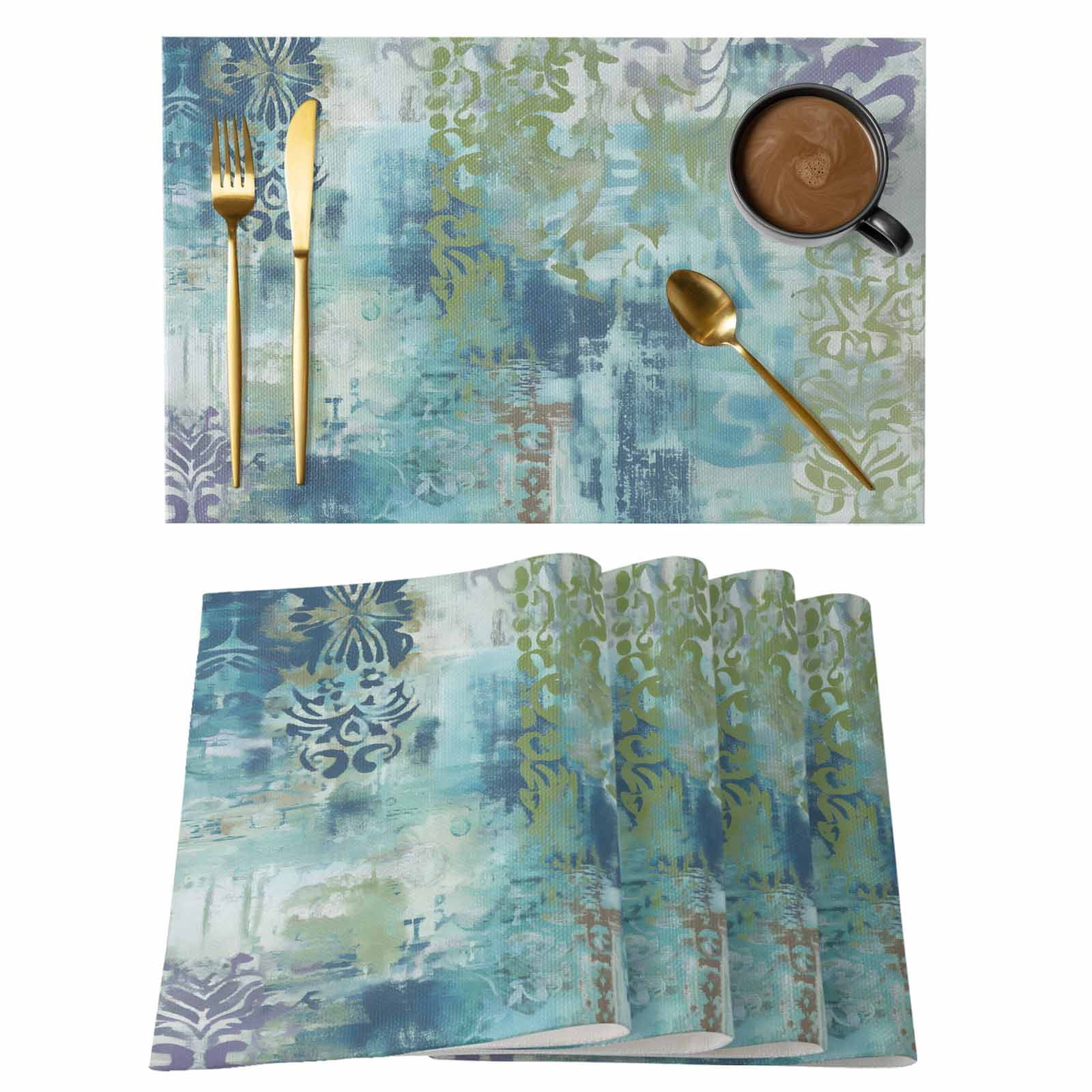 Blue Sage Green Boho Placemats Set of 4, Vintage Ethnic Tribe Abstract ...