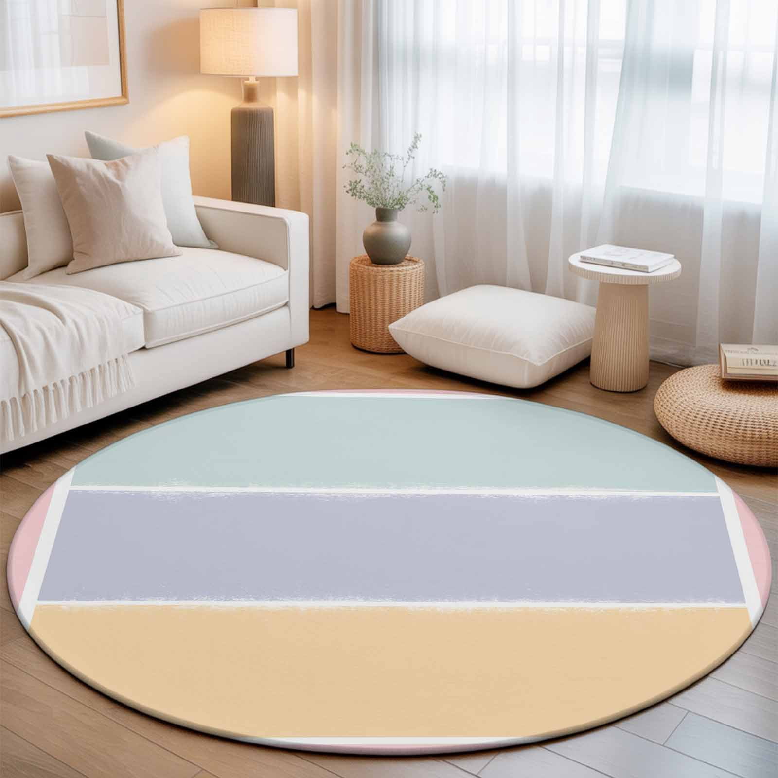 Blue Sage Green Color Block Round Rug 5ft Pink Stripe Washable Area ...