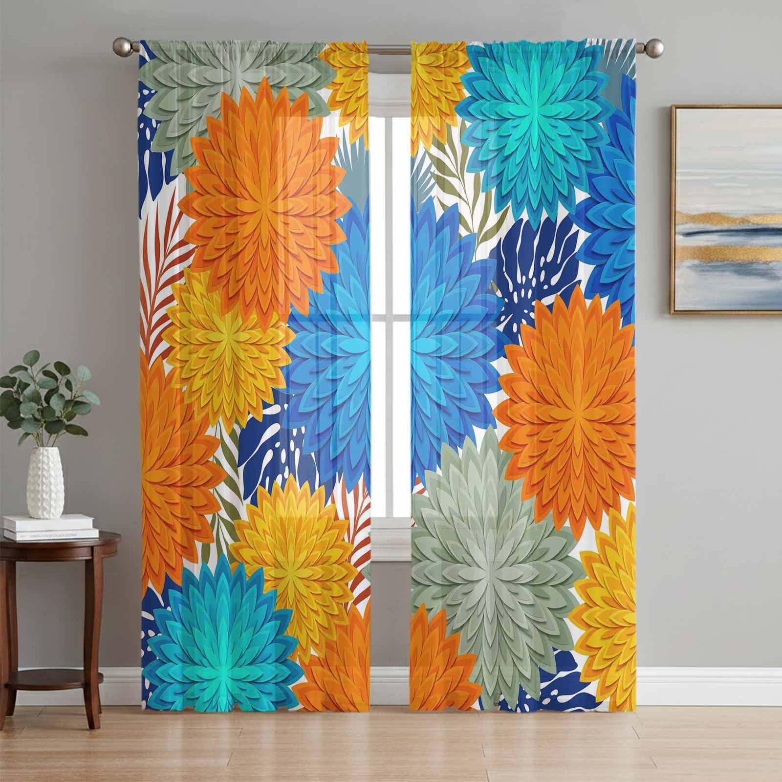 Blue Sage Green Flowers Sheer Curtains for Living Room Bedroom Boho ...