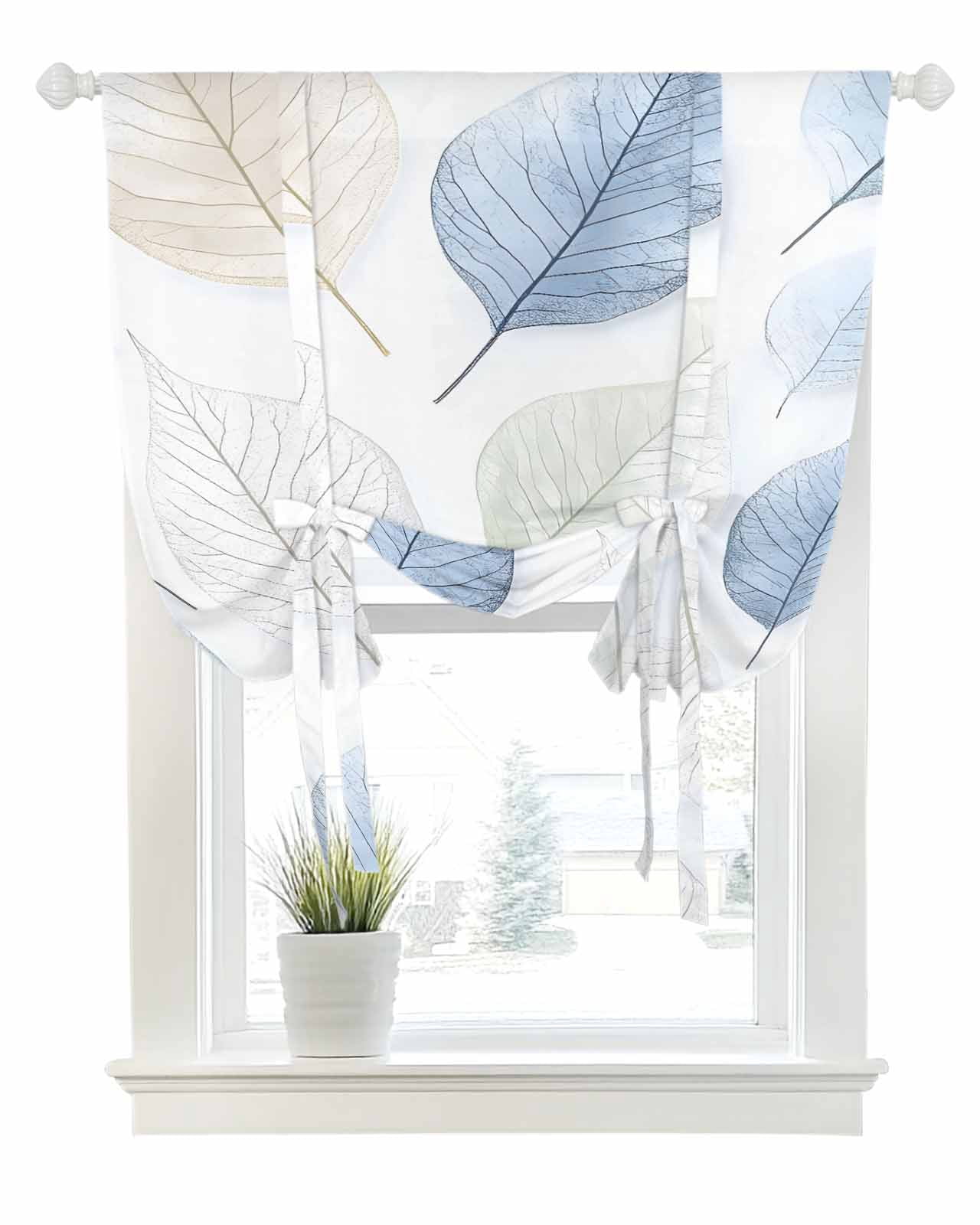 Blue Sage Green Leaves Tie Up Curtains for Window, Thermal Insulated ...