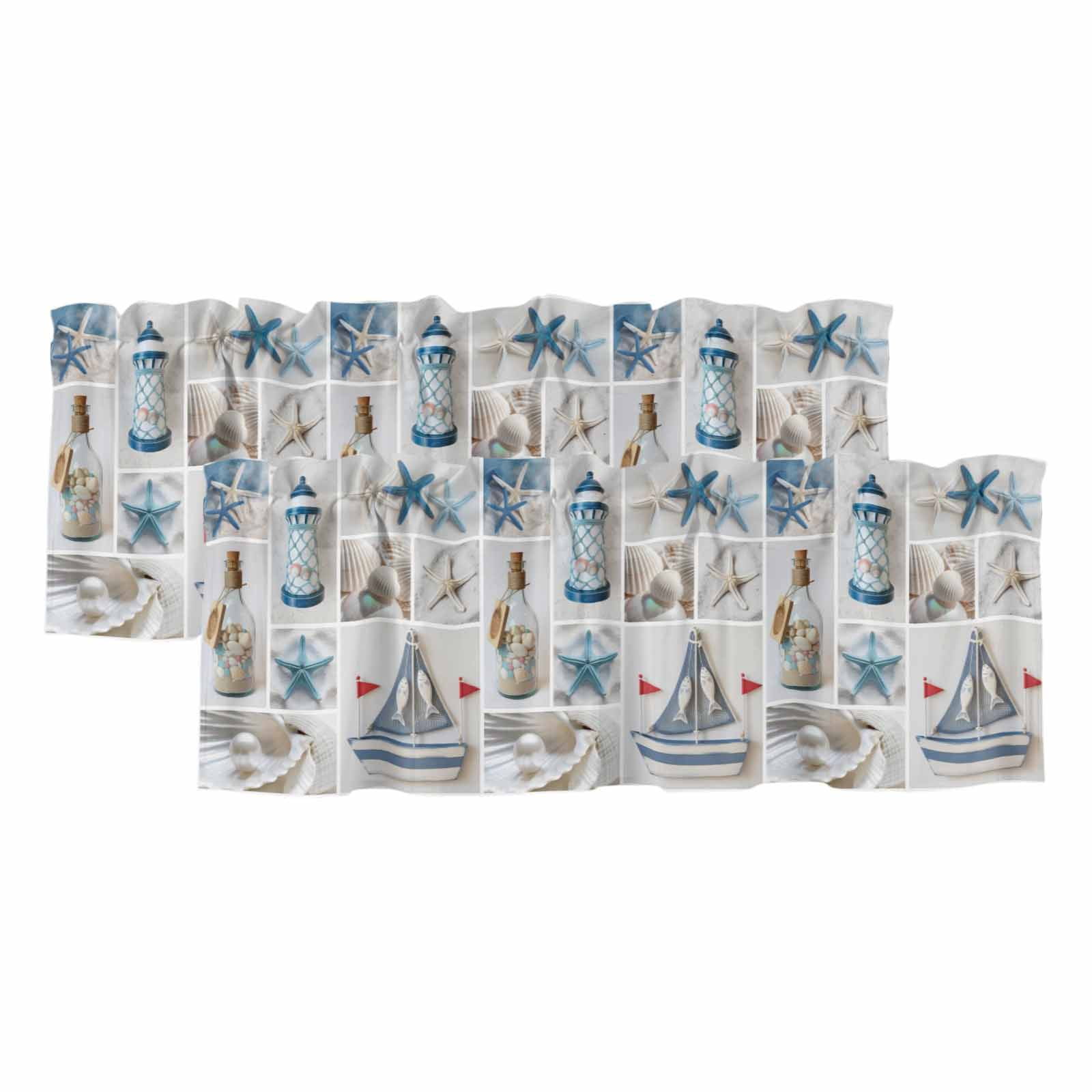 Blue Sailboat 2 Panels Kitchen Valance, Ocean Blue White Lighthouse Sea ...