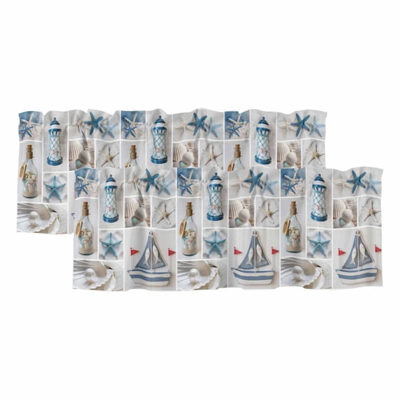 Blue Sailboat 2 Panels Kitchen Valance, Ocean Blue White Lighthouse Sea ...