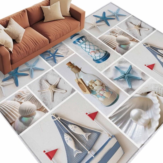 Blue Sailboat Rectangle Area Rug 8x10 ft Ocean Blue White Lighthouse ...
