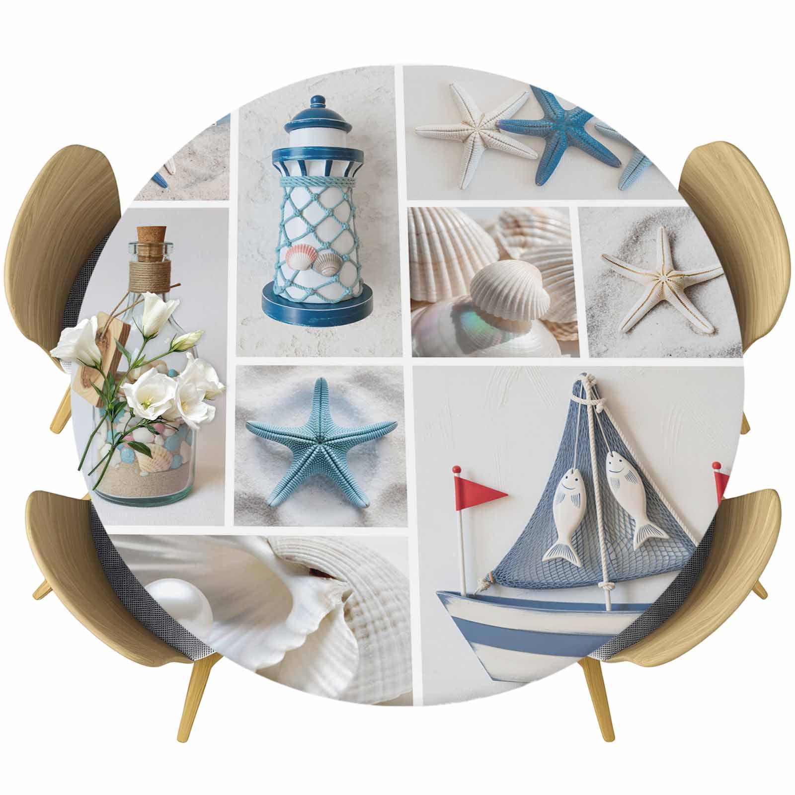 Blue Sailboat Round Fitted Tablecloth with Elastic Edge, Ocean Blue ...