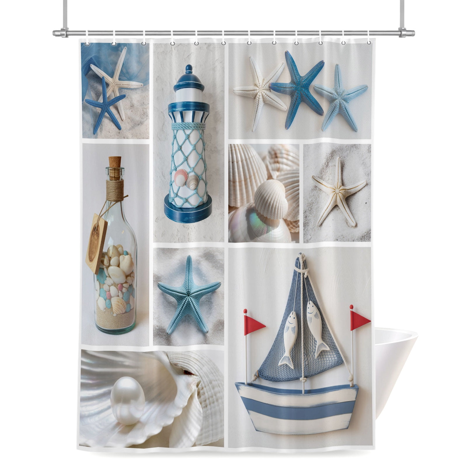 Blue Sailboat Shower Curtains for Bathroom, Ocean Blue White Lighthouse ...
