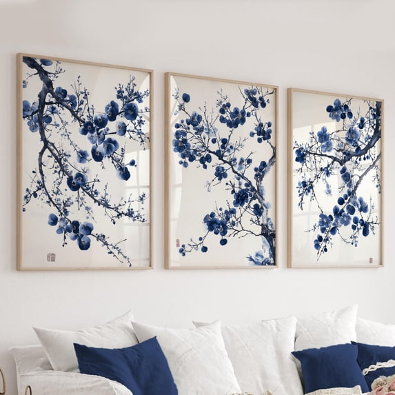 Blue Sakura Watercolor Print Chinoiserie Floral Wall Art Home Decor ...