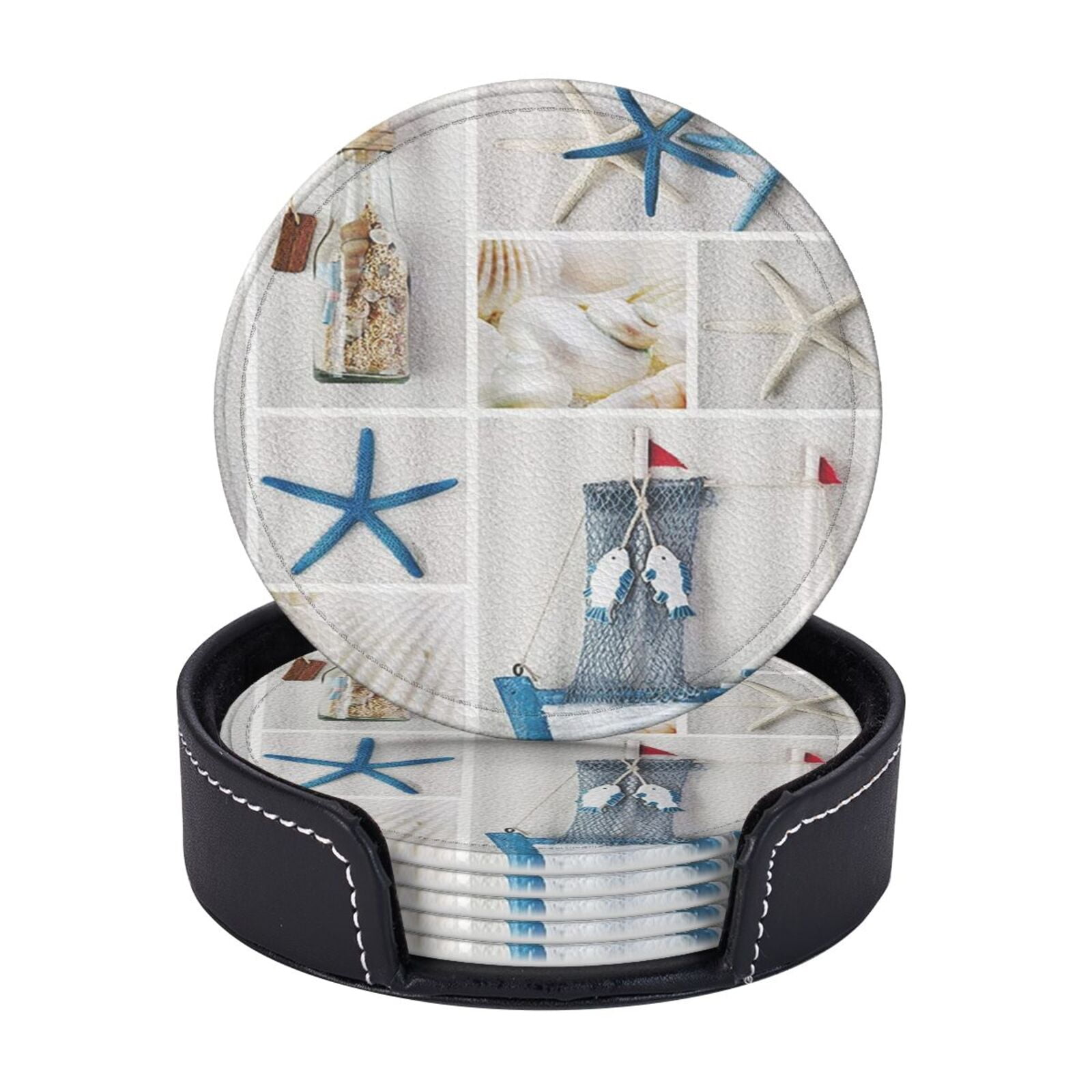 Blue Sand Beach Sea Shells Coasters With Leather Holder Set Of 6 Round ...
