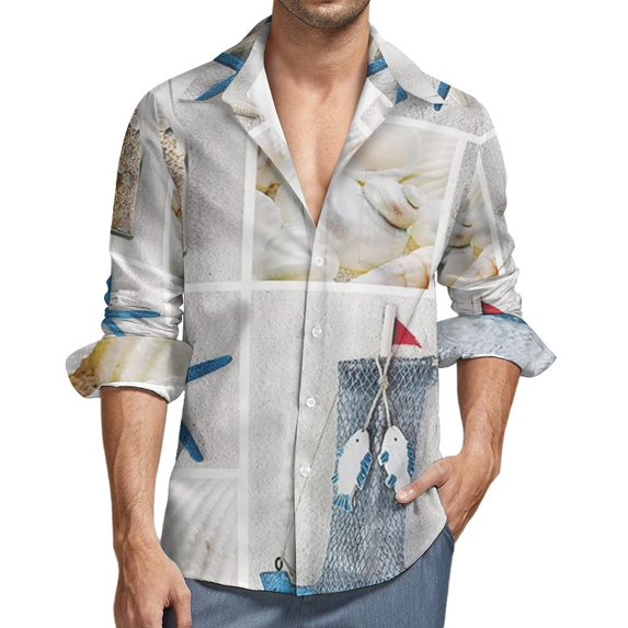 Blue Sand Beach Sea Shells Hawaiian Shirt for Men Long Sleeve Button ...