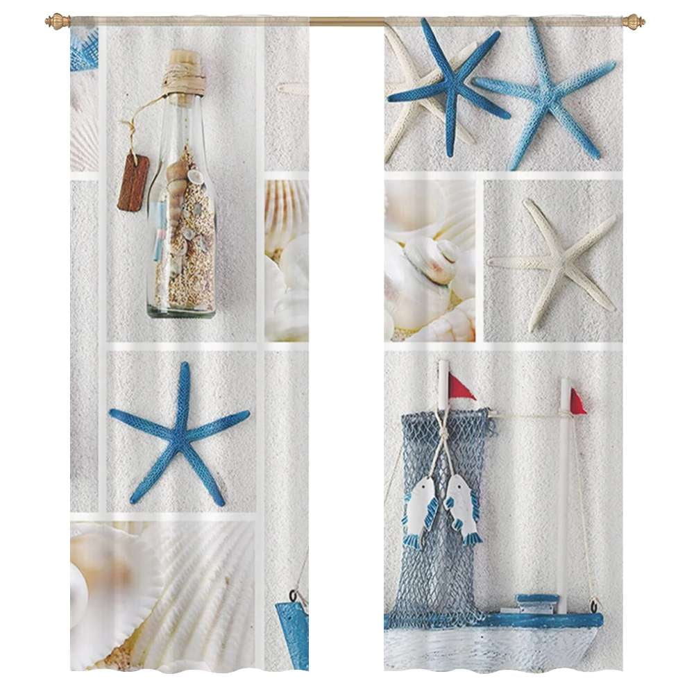 Blue Sand Beach Sea Shells Modern Tulle Window Curtains for Living Room ...
