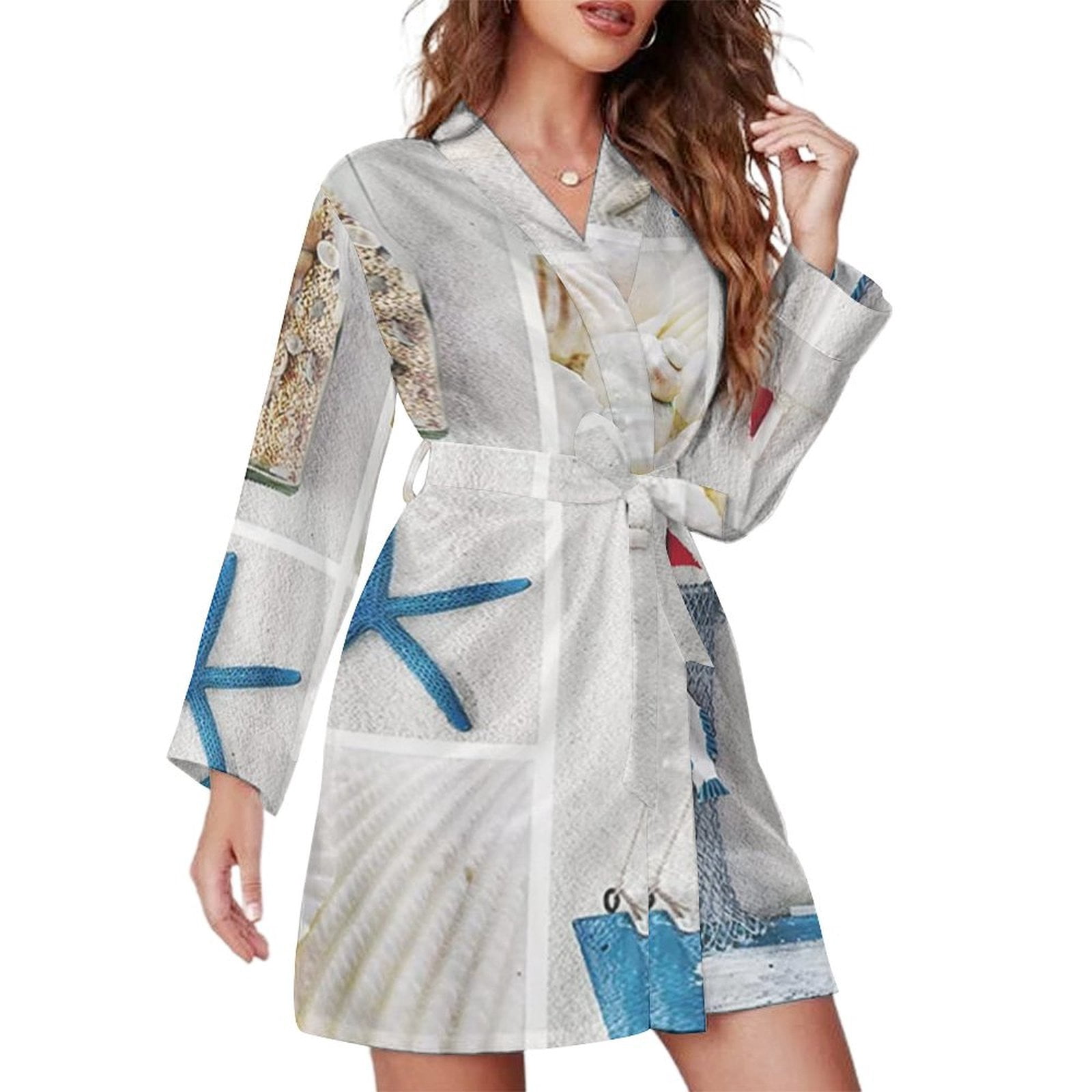 Blue Sand Beach Sea Shells Night Robe Long Sleeve V Neck Robe With Belt ...