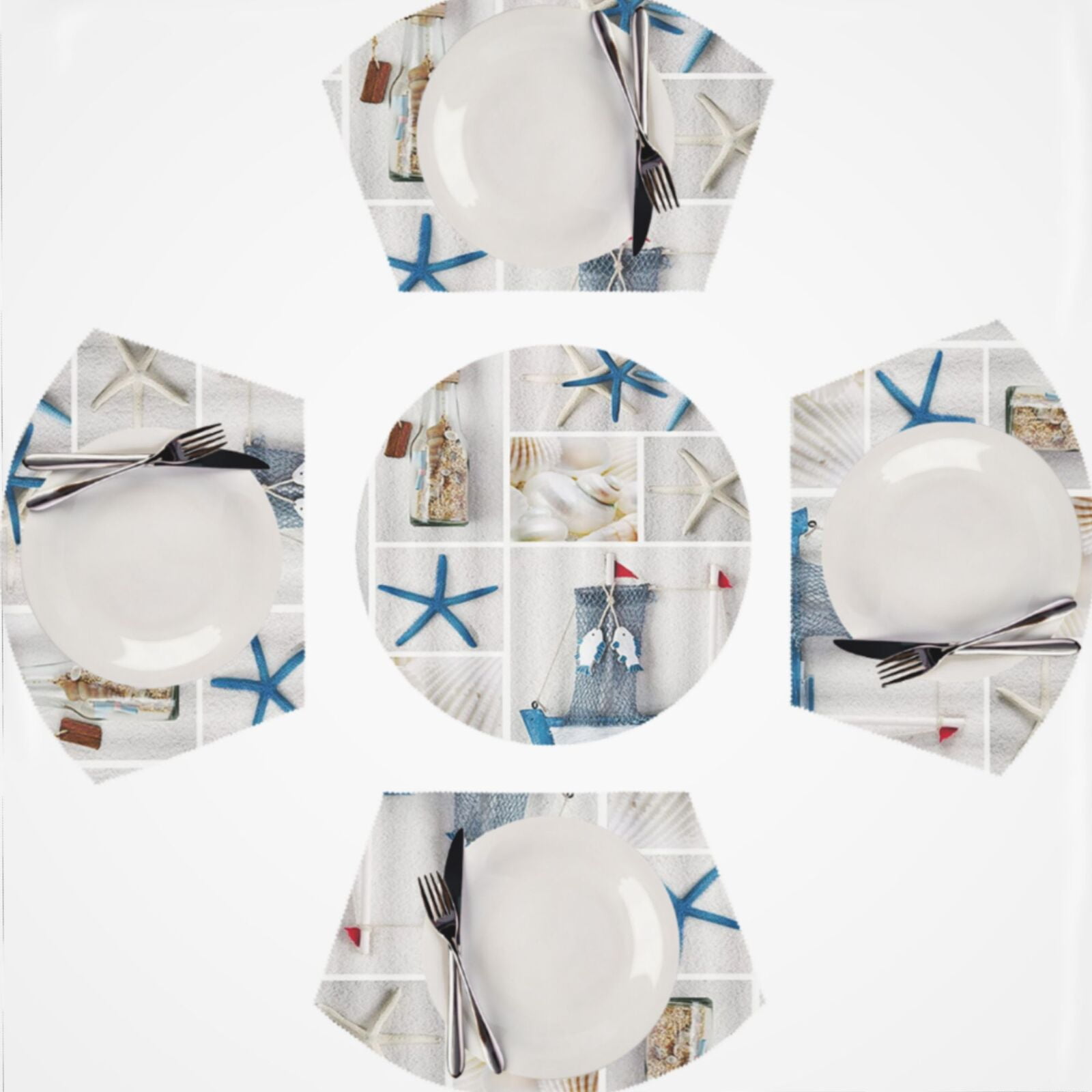 Blue Sand Beach Sea Shells Round Table Placemats Set Of 5 Wedge Table ...