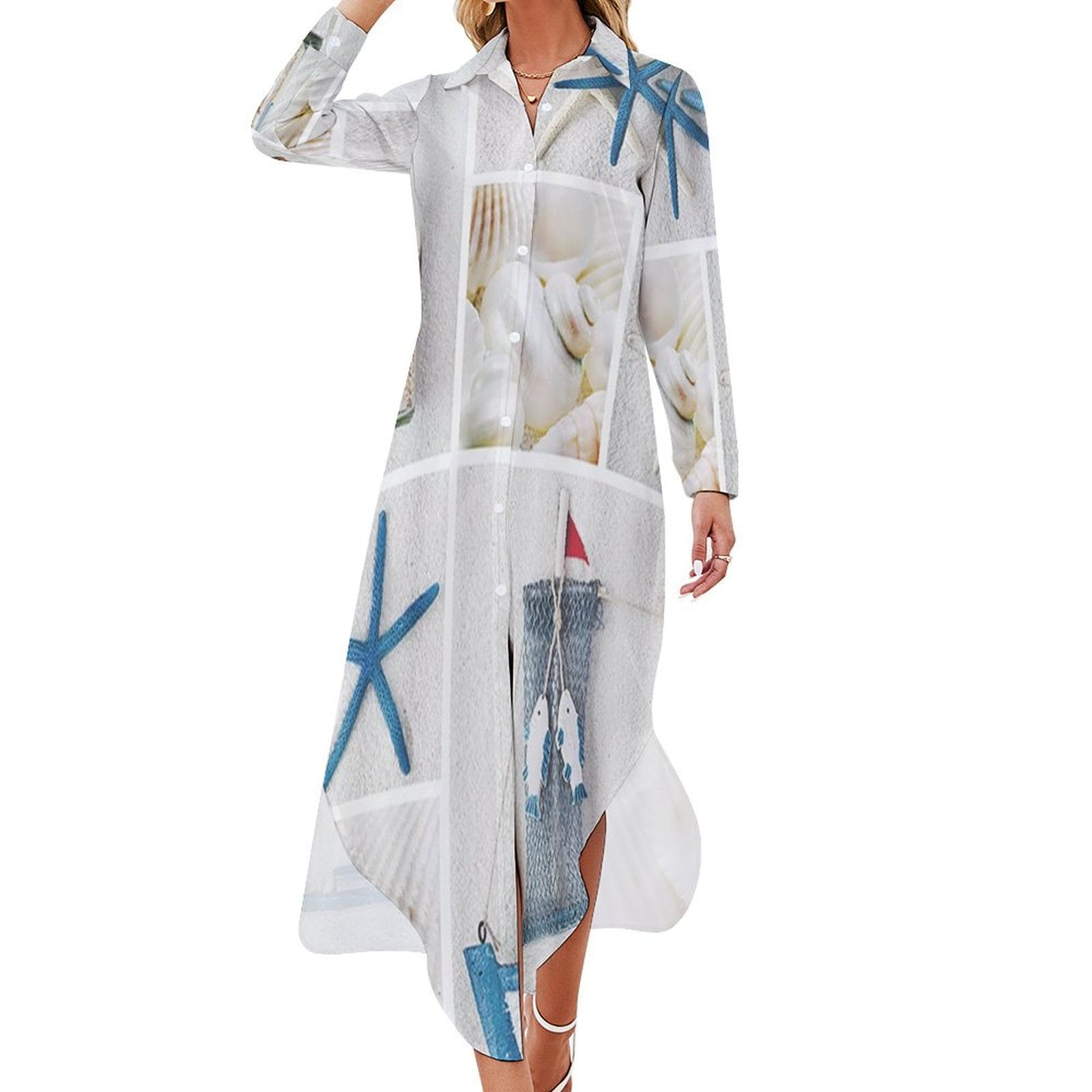 Blue Sand Beach Sea Shells Shirt Dress Long Sleeve Street Fashion V ...