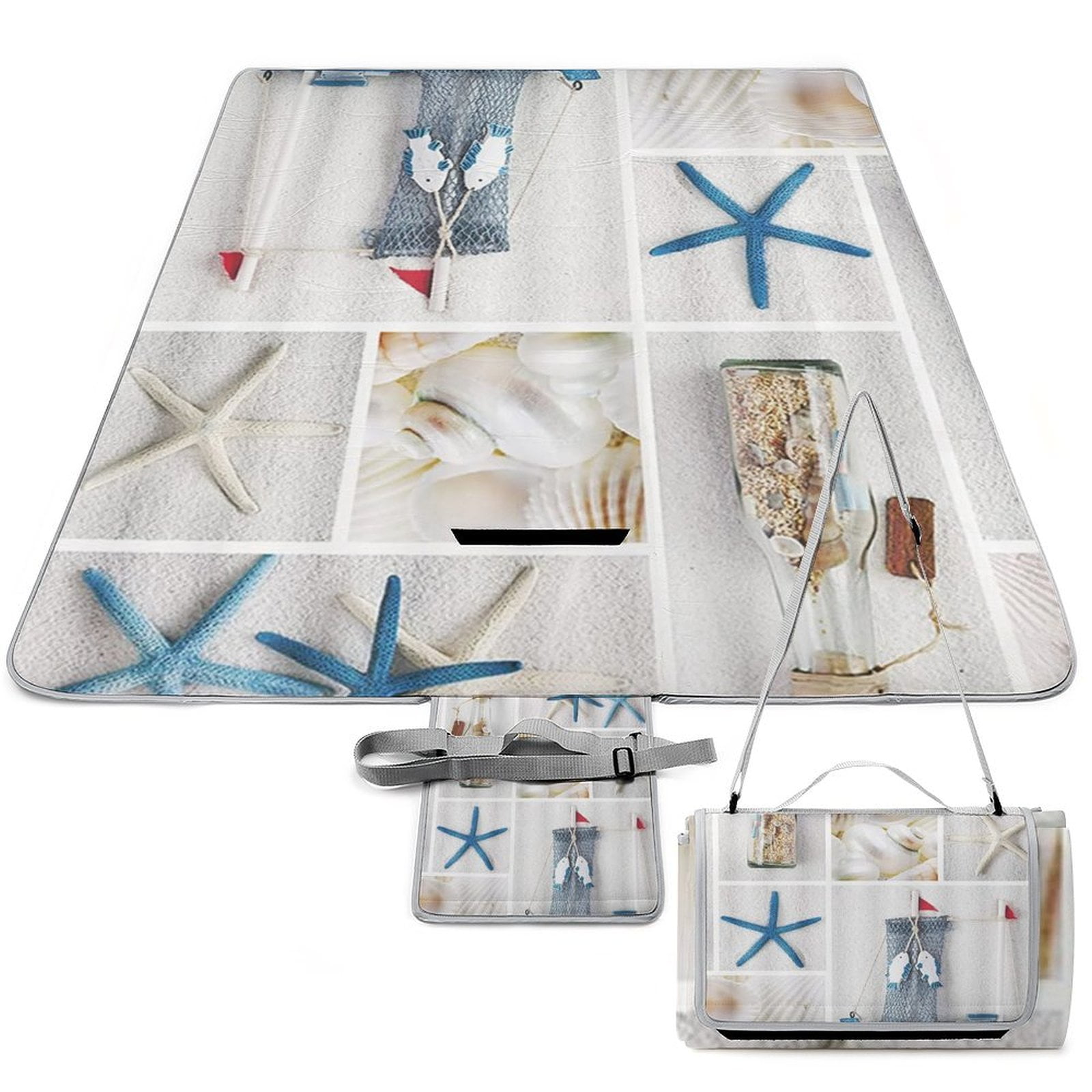 Blue Sand Beach Sea Shells Square Picnic Mat Waterproof Beach Mat ...