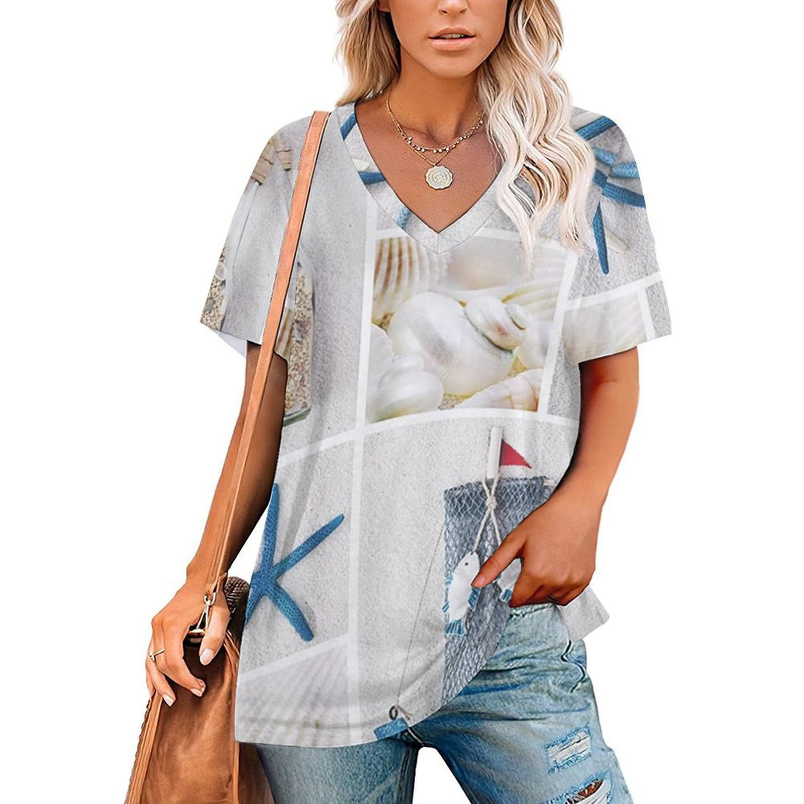 Blue Sand Beach Sea Shells T-Shirts Female Short Sleeve Loose Tshirt ...