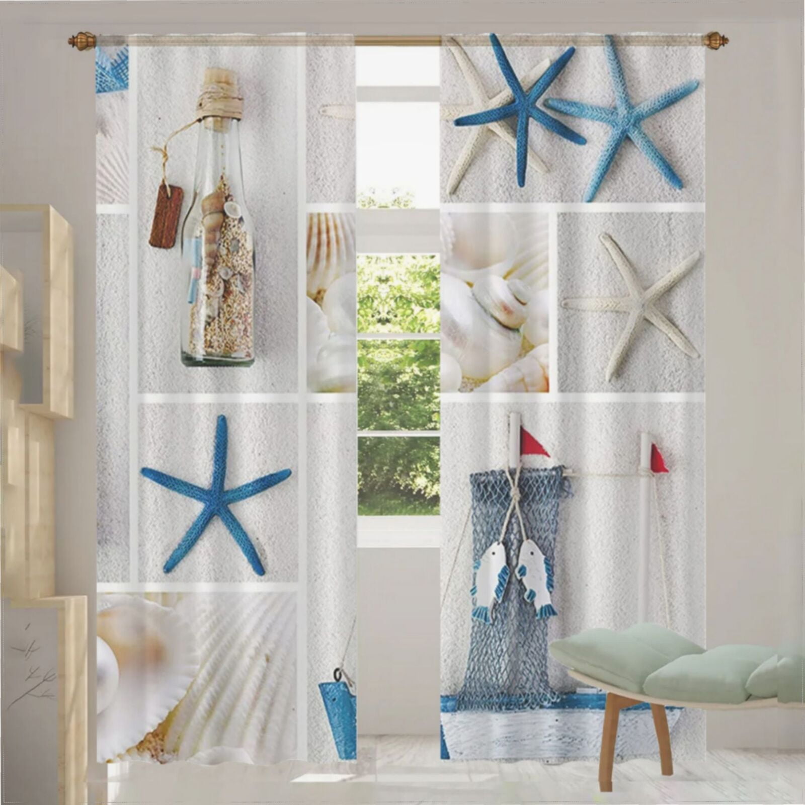 Blue Sand Beach Sea Shells Window Tulle Curtains for Living Room ...