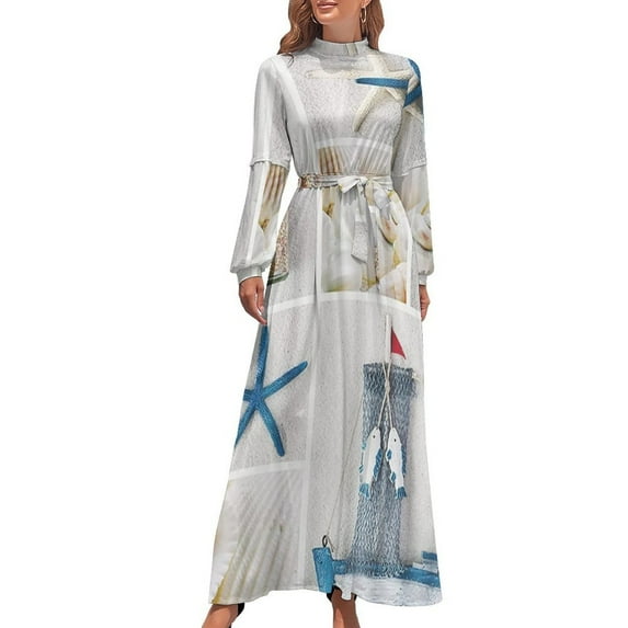 Blue Sand Beach Sea Shells Women's Long Dress Long Sleeves Dress ...