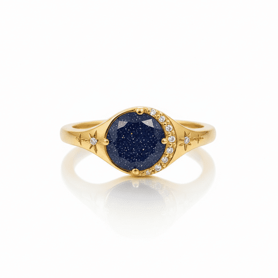 Blue Sandstone & Diamond Engagement Ring, Moon Crescent Wedding Ring ...