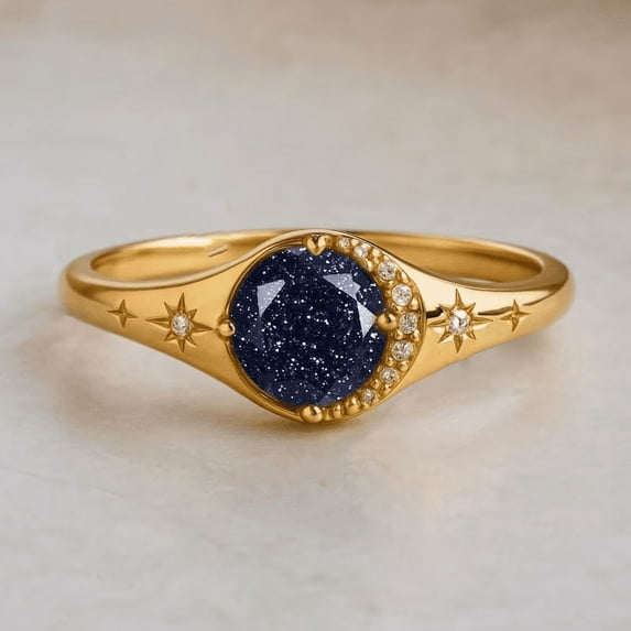 Blue Sandstone & Diamond Engagement Ring, Moon Crescent Wedding Ring ...