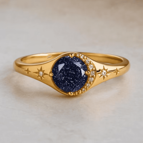 Blue Sandstone & Diamond Engagement Ring, Moon Crescent Wedding Ring ...