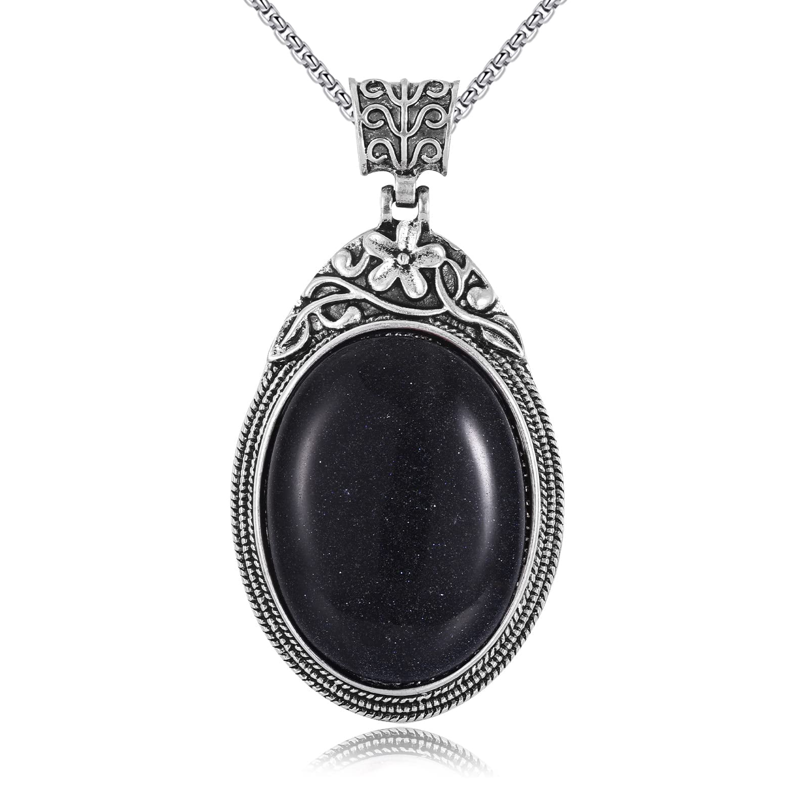 Blue Sandstone Necklace for Women Stainless Steel Oval Stone Pendant ...