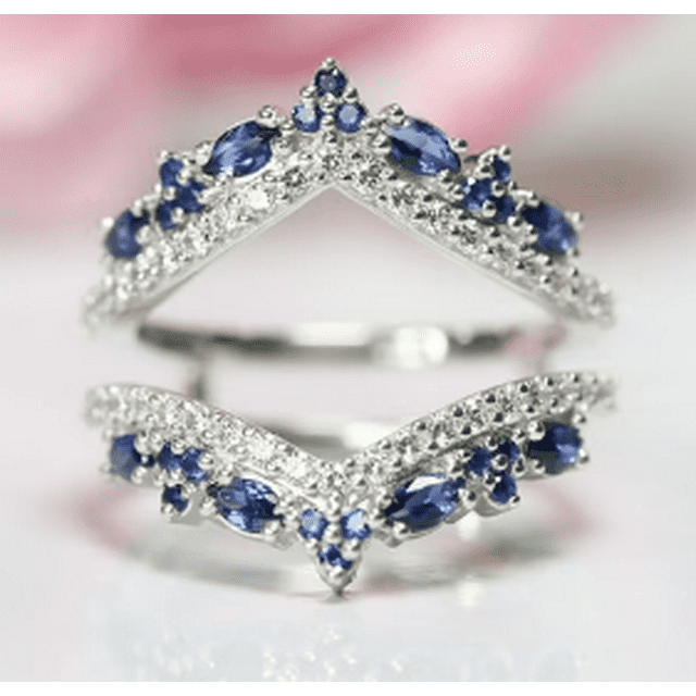 Blue Sapphire And White Diamond Ring Enhancer in 925 Sterling Silver - Bridal Engagement Ring ...
